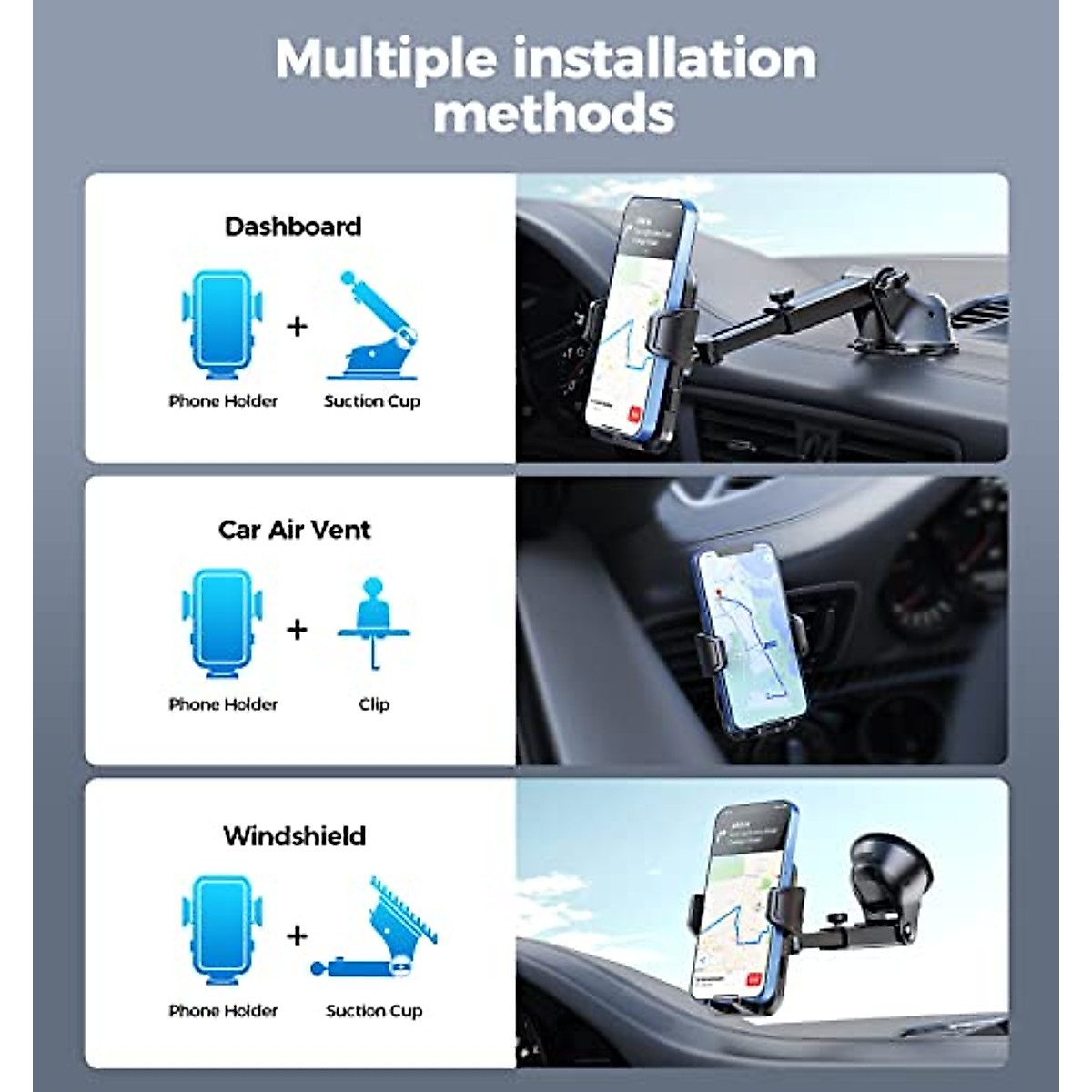 ADIUPUL Car Phone Holder Mount, Phone Mounts for Car (Bumpy Roads Friendly) 3 in 1 Universal Car Mount, Easy Clamp Hands Free Universal Fit for Dashboard Windshield Vent iPhone Samsung and More Phones