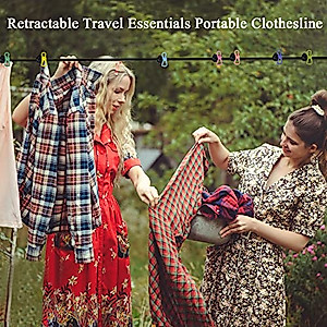Retractable Travel Essentials Portable Clothesline Non-Slip Buckle Clothes Line Indoor Laundry Drying Clothing Line Travel Must Haves(12 Colorful Clothes Clips 13 Anti-Skid Clips 4 Long Tail Clip)