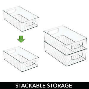 mDesign Plastic Stackable Bin with Handles and 9" Round Fluted Lazy Susan Turntable Plastic Spinner Combo Set for Organization in Bathroom, Closet, Cabinet, or Vanity Countertop - Set of 2 - Clear