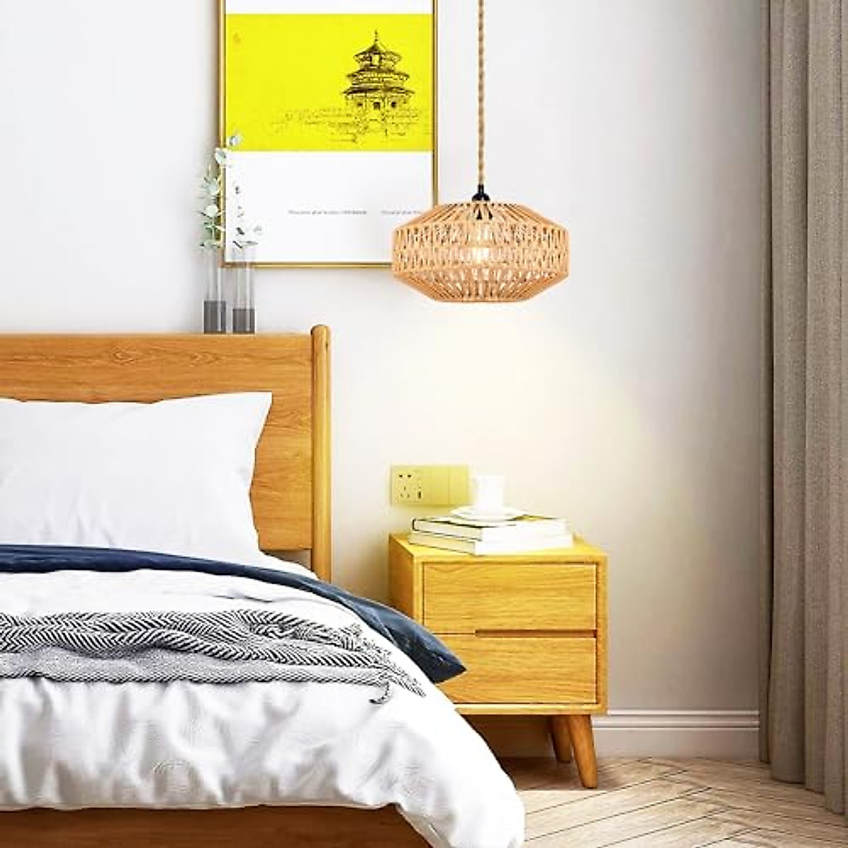 QIYIZM Plug in Pendant Light Hanging Lights with Cord Rattan Boho Hanging Lamp Dimmable,Wicker Bamboo Woven Lamp Shade,Ceiling Light Fixture for Living Room Bedroom Kitchen