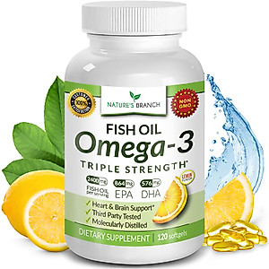 Best Triple Strength Omega 3 Fish Oil Pills 2400mg | 120 Capsules | Burpless High Potency Lemon Flavor | 864mg EPA 576mg DHA Ultra Pure Liquid Softgels | Brain Joints Eyes Hair Heart Health Supplement