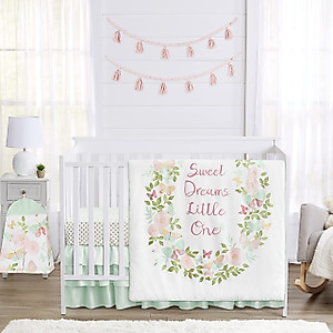 Sweet Jojo Designs Blush Pink, Mint and White Shabby Chic Butterfly Floral Baby Girl Crib Bedding Set - 4 Pieces - Watercolor Rose