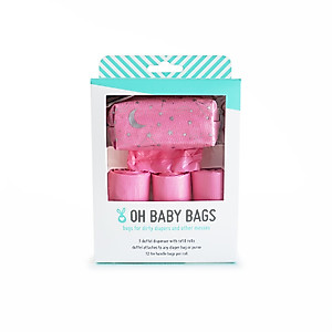 Oh Baby Bags Diaper Bag Clip-On Dispenser Gift Box with Disposable Bags, Pink Star