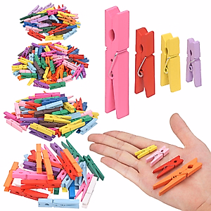 Swpeet 180Pcs 4 Colors 1.2" 1.4" 1.7" 2.8" Colorful Mini Natural Wooden Clothespins Birchwood Close Pins Assortment Kit, Strong Grip Multi-Purpose Colored Clothes Pins for Crafts, Clothes, Laundry