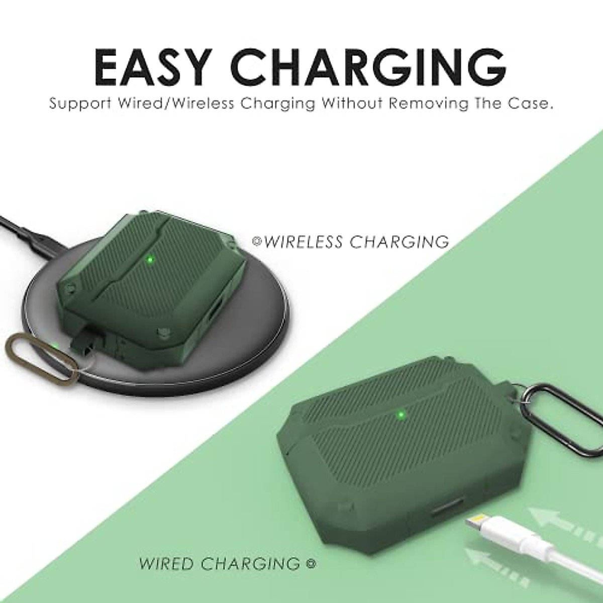 Blaspins AirPods Pro Case, Military Design TPU Hard Shell, Full-Body Rugged Protective Cover Case Skin Shockproof, Secure Lock Clip with Keychain for AirPod Pro 2019 [Front LED Visible] TPU - Green