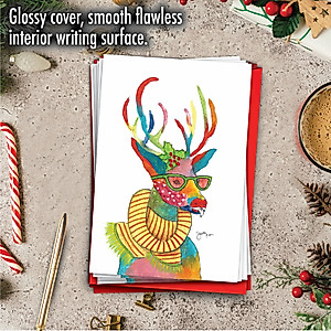 NobleWorks 12 Christmas Greeting Cards Bulk Box Set with 5 x 7 Inch Envelopes (1 Design, 12 Each) Fancy Reindeer - Scarf C6751BXSG-B12x1