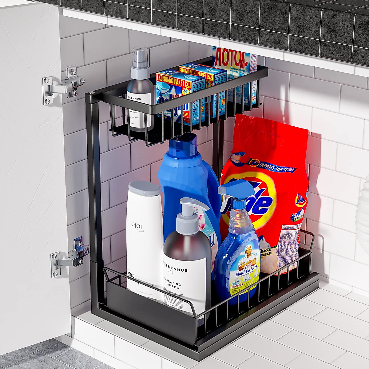 KINGPOUL under sink organizers and storage-2Tier organization and storage Slide Out Pull Out cabinet organizer Drawers L-Shape Under Kitchen Bathroom Sink Organizers and Storage(Black)