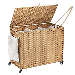 Laundry Hamper with Wheels, 52.8 Gallon(200L) Rolling Laundry Basket with Lid, 3-Section Rattan Clothes Hamper with 3 Removable Liner & 3 Mesh Laundry Bags, Laundry Sorter with Side Pocket, Natural