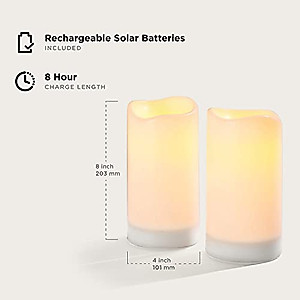Large Outdoor Solar Candles - 4x8 Flameless Pillar Candle Set, White Resin, Flickering LED Light, Dusk to Dawn Timer, Rechargeable Solar Battery Included, Waterproof for Patio Decor - 2 Pack