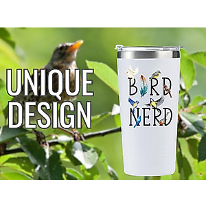Onebttl Bird Watching Gifts, Bird Watching Tumbler for Bird Lovers & Bird Watchers, 20oz Stainless Steel Insulated Tumbler with Lid & Straw, Gift Card & Box Included, Birthday Gift, White - Bird Nerd