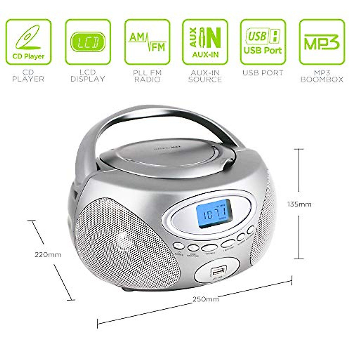 HANNLOMAX HX-311CD Portable CD/MP3 Boombox, PLL AM/FM Radio, USB Port for MP3 Playback, Aux-in, LCD Display, AC/DC Power Source (Silver)