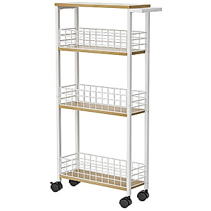 LUMAMU Slim Storage Cart for Small Spaces, 4 Tier Mobile Rolling Cart with Wheels Slide Out Storage Utility Shelves Cart with Wooden for Kitchen Bathroom (White)