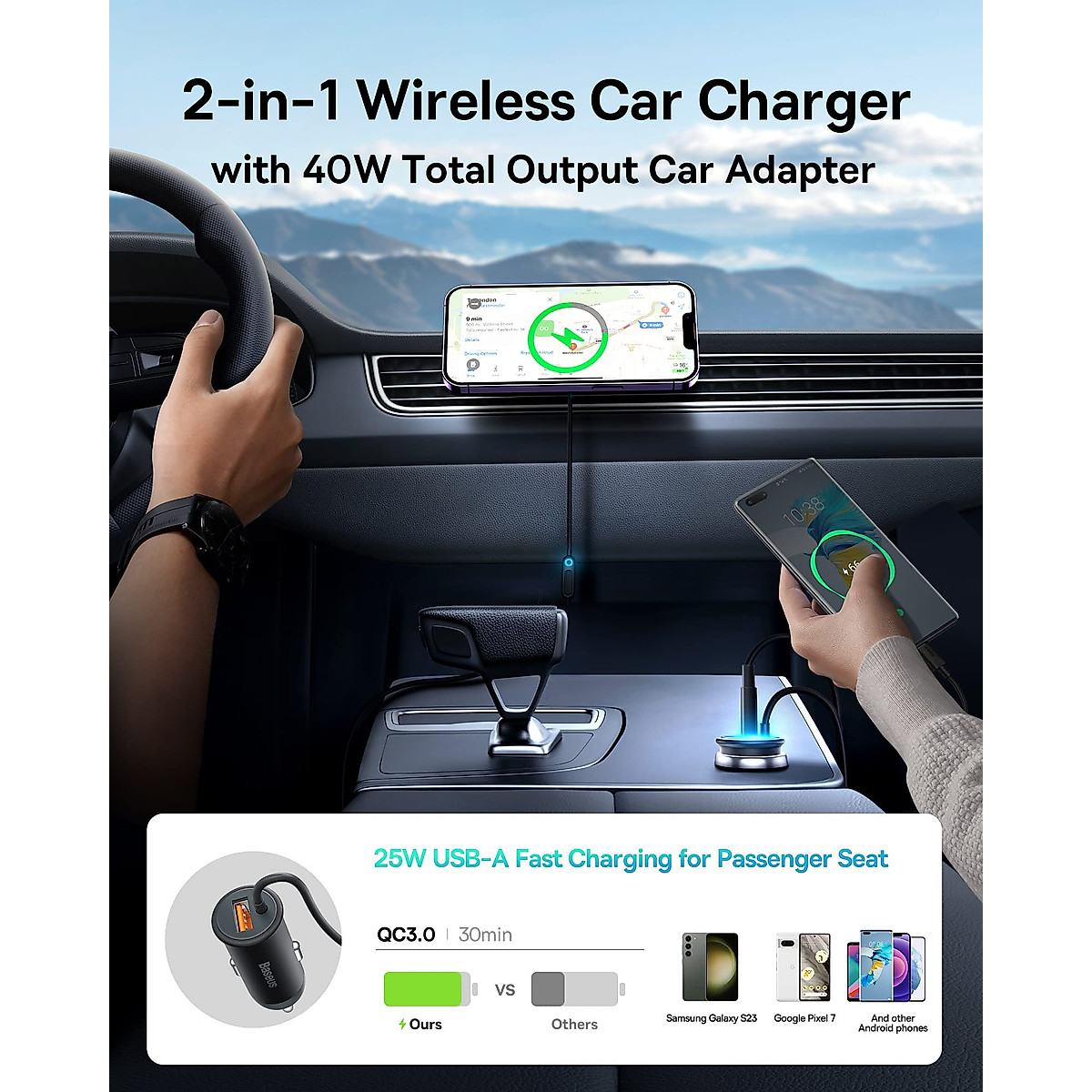 for Magsafe Car Mount Charger, [All in One] Baseus 15W Fast Charging Phone Mount for Car Vent, Magnetic Wireless Car Charger with 40W USB A Car Charger and Cable for iPhone 15 14 13 12 Pro Max Plus