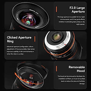 Brightin Star 12mm F2 III Manual Focus Prime Lens for Canon EOS-M Mount Mirrorless Cameras, APS-C Ultra-Wide Angle Large Aperture, Fit for M6, M50, M5, M3, M200, M10, M100, M, M2