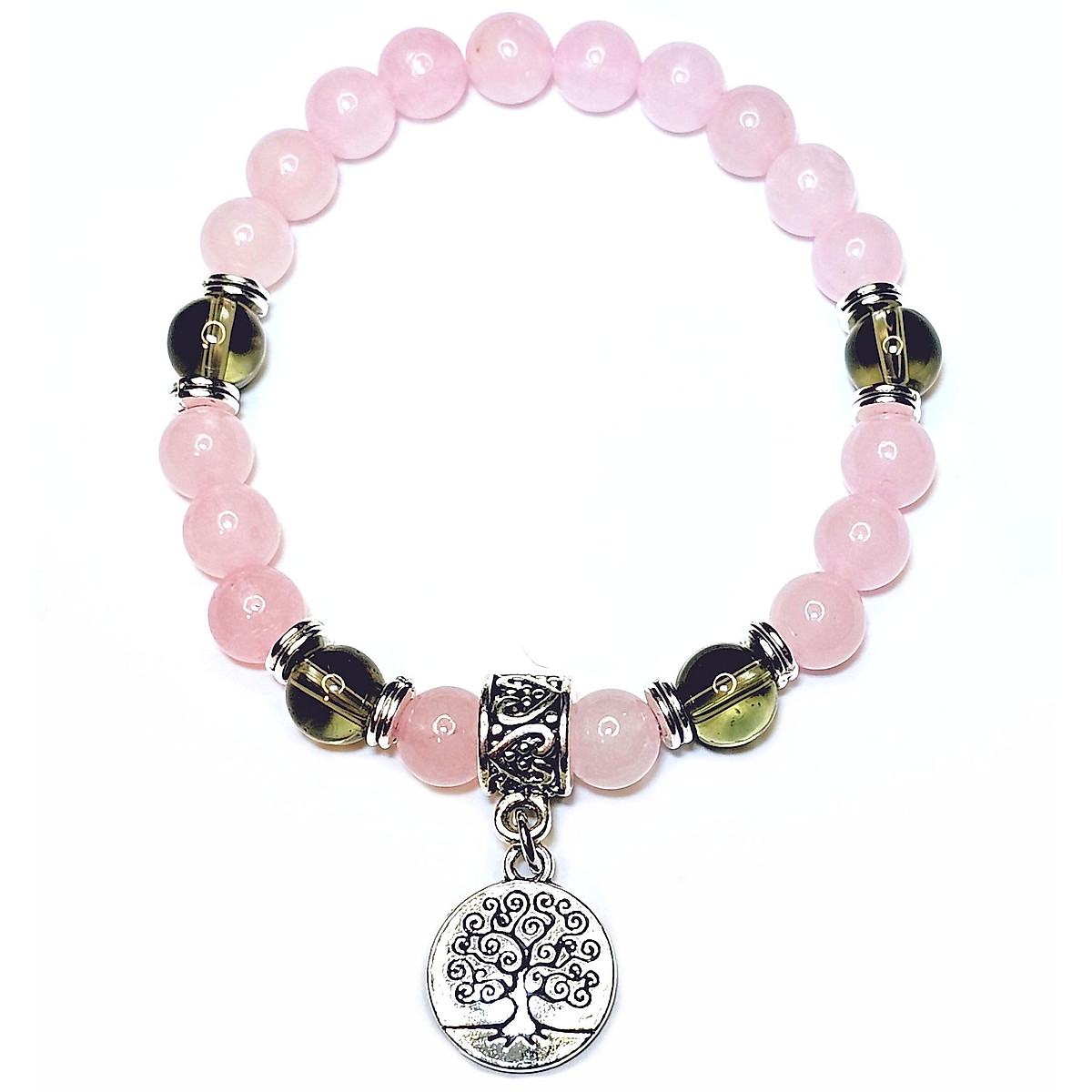 Heart Healing Bracelet with Charm Natural Semi-Precious Stone Beads Rose Quartz + Smoky Quartz Tree of Life Handmade Bracelet USA HANDMADE