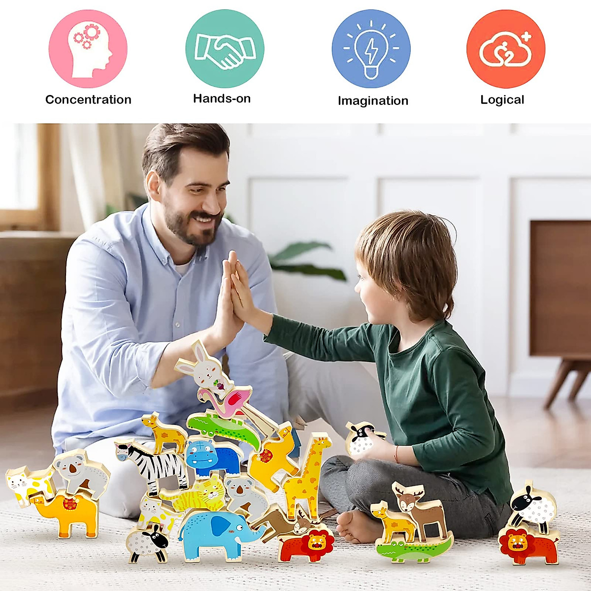 Wooden Animal Blocks Stacking and Balancing Toy, Toddler Big Wood Animal Figures Blocks, Preschool Educational Toys and Stack Balance Games for Kids