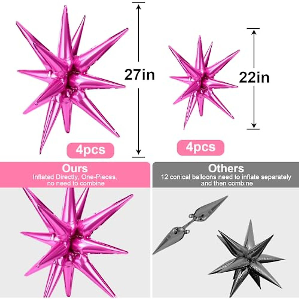 Cadeya 8 Pcs Star Balloons, Huge Hot Pink Explosion Star Aluminum Foil Balloons for Birthday, Baby Shower, Wedding, Bachelorette Party, Pink Party Decorations Supplie