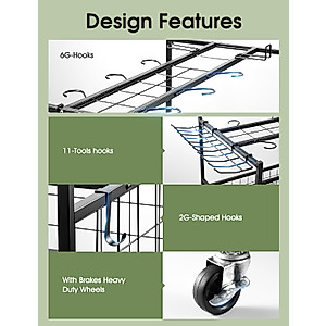 Heavy-Duty Garden Tool Organizer for Garage with 2 Stair-Climbing Wheels, Lawn & Yard Tool Storage Rack, Garage Tool Cart with Lockable Wheels, Outdoor Garden Tool Storage for Sheds