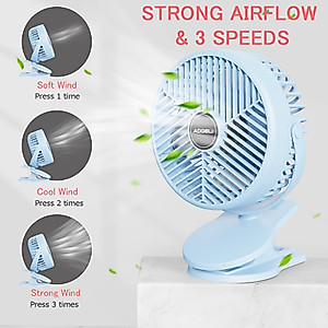 AOGELI Portable Fan,Small Clip on Fan,Clip Fan for Bed,Mini Desk Fan,10000 mAh Rechargeable Battery Operated Fan,3 Speeds Personal Fan,360°Rotate Clip Fan for Stroller Golf Cart Travel Camping Blue