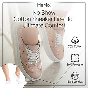 MeMoi Womens No Show Socks 7-Pair Pack - Cotton Blend, High Cut Coverage Sneaker Socks for Women, Womens Non Slip Heel Grip, White, One Size