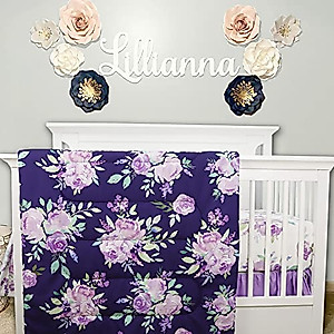 TANOFAR 5 Piece Crib Bedding Set for Girls, Baby Nursery Crib Bedding Set, Purple Flower Minky Blanket, Crib Skirt, Quilt, Crib Sheet and Diaper Stacke,Crib Bedding Set for Girls