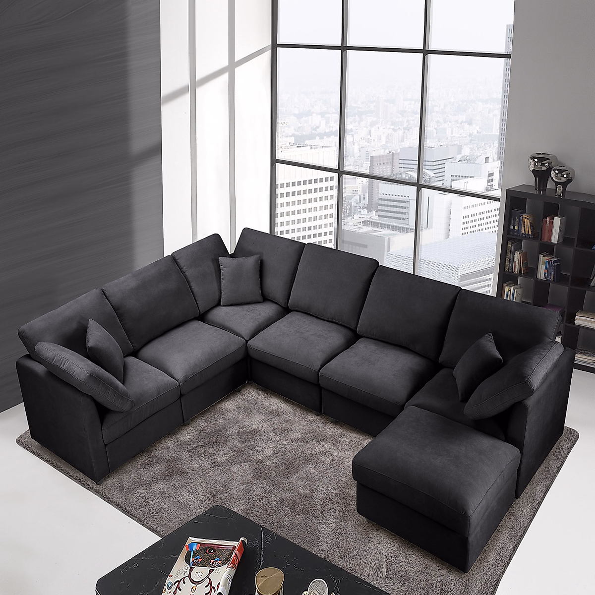 117" Modular Sectional Sofa,U Shaped Chenille Sofa Set with Movable Ottoman,Modern 7-Seat Cloud Sectional Couches for Living Room Home Office (Black, 117" U-7 Seater)