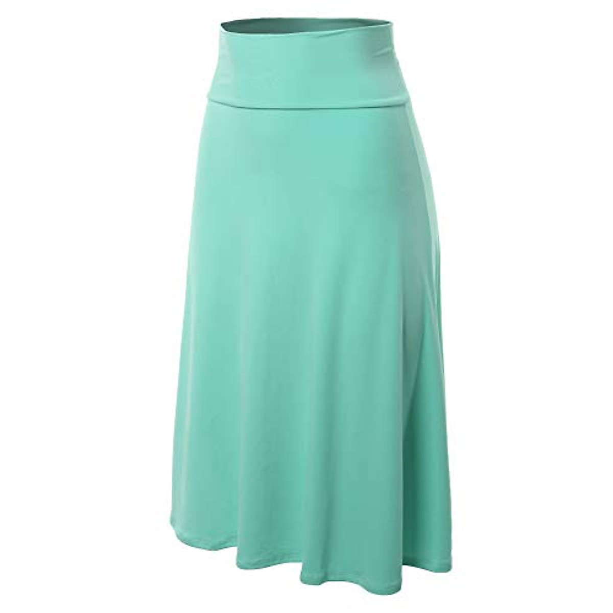 Solid A-Line Fold Over Waist Band Flared Midi Skirt Blue Grey L