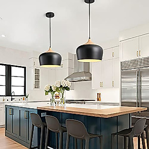 KARMIQI Farmhous Pendant Lights LED Bulb Included Black Pendant Lights Kitchen Island with Metal and Faux Wood Shade, Pendant Hanging Light Fixtures for Kitchen, Dining Room, Living Rooms,Hallway