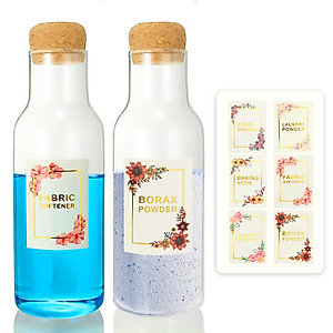 POLRAI 2 Pack Laundry Detergent Dispenser Transparent Laundry Liquid Containers Set Glass Jars Laundry Powder Containers with Lids and Labels for Laundry Room Organization and Storage