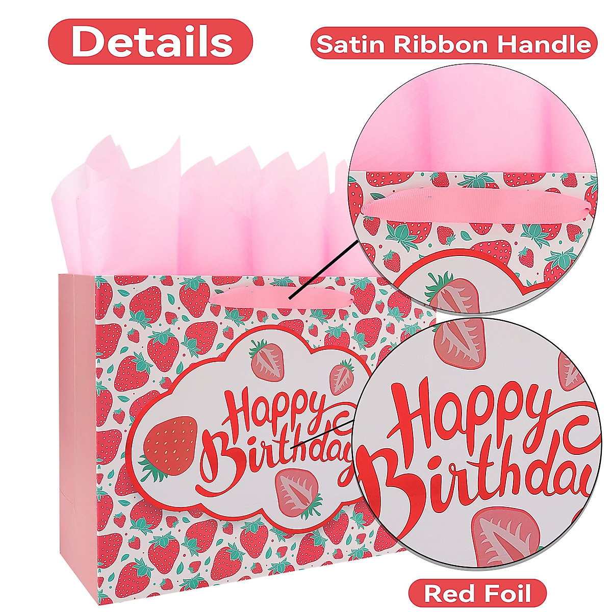 13” Large Strawberry Happy Birthday Gift Bag Set with Handles, Greeting Card, Tissue Papers and Stickers for Girls Kids Teens Women, Fruit Themed Birthday Design, 1 Pcs