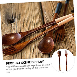 Amosfun Japanese Wooden Handle Fork and Spoon Pasta Server Utensil Wooden Spoon and Fork Wood Soup Porcelain Soup Spoons Wooden Spoon Fork Chopsticks for Eating Ice Major Travel Friendly