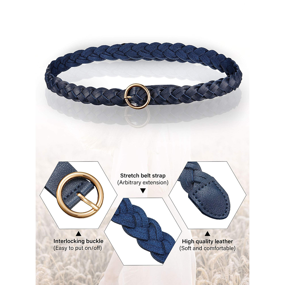 SATINIOR 3 Pcs Women's Braided Leather Belt Skinny Woven Braided Belt O Ring Buckle Leather Belt for Dress Jean Skirt Pant (Khaki, White, Navy Blue)