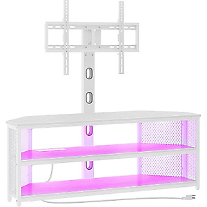 Rolanstar TV Stand with Mount and Power Outlet, Swivel TV Stand Mount with LED Lights for 32/45/55/60/65/70 inch TVs, White Entertainment Center Media Console with Height Adjustable Mount