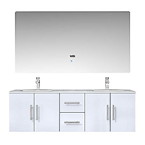 Lexora Geneva 60 in. W x 22 in. D Glossy White Double Bath Vanity, Carrara Marble Top and 60 in. LED Mirror