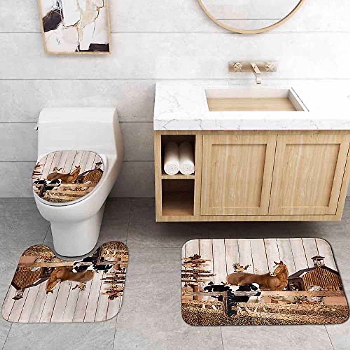 Camille&Andrew 4PCS Horse Shower Curtain Set, Cow Cattle Sheep Hen Farm Animal Brown Barn Western Country Rustic Farmhouse Bathroom Decor Waterproof Fabric Shower Curtain, Non-slip Bath Mat Toilet Rug