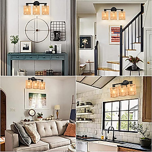 3-Light Black Bathroom Light Fixtures,Modern Rattan Bathroom Vanity Light Over Mirror,Rustic Bath Wall Mount Lights Fixtures with Boho Woven Wicker Lampshade,Farmhouse Wall Sconces Lamp for Bedroom