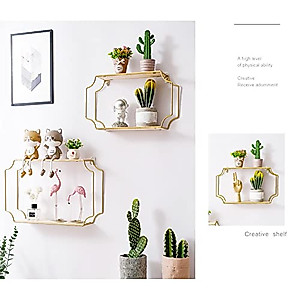 Dianhengmi Rectangular Floating Shelves Wall Decor, Gold Metal Wire and Wood Wall Mounted Large Space Storage Shelf Home Decorations Art for Bedroom Living Room Kitchen Bathroom, Set of 3