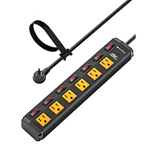 Power Strip with Individual Switches and Flat Plug, CRST 6-Outlet Metal Heavy Duty Surge Protector (1200 Joules), 6-Feet 14AWG Cord with Hook and Loop Fastener, 15A Circuit Breaker