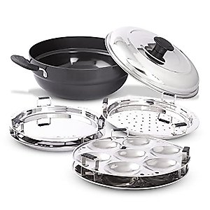 KSJONE All-in-One Hard Anodized Big Size Multi Purpose Idli Cooker and Steamer with Multi Kadai and 5 Plates 2 Idli Plates | 2 Dhokla | 1 Patra Plate