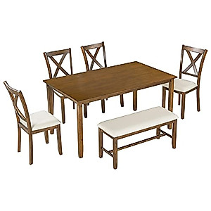P PURLOVE 6 Piece Dining Table Set, Wood Rectangular Kitchen Table and 4 Cushion Dining Chairs and 1 Cushion Bench, Family Furniture for 6 Persons, Natural Cherry