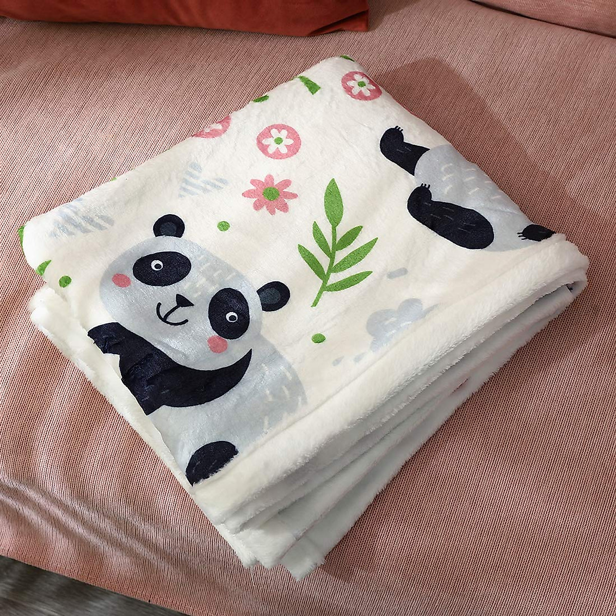 Panda Blanket Pandas Throw for Girls Cute Pandas Gifts Soft Flannel Panda Blankets for Panda Lovers Flowers Panda Stuffed Decor (Natural Panda, 50 x 60 Inch)