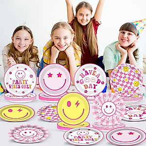 48PCS Preppy Party Supplies 7inch Pink Smile Face Paper Plates Preppy Smile Face Party Tableware Set Pink Preppy Plates for Baby Shower Birthday Y2k Party Decorations