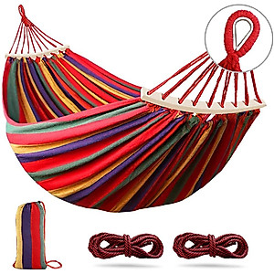 Outerman 275 x 155 cm Camping Hammock, Hammocks Thickened Durable Canvas Fabric with 550lb Load Capacity, Two Anti Roll Balance Beam and Sturdy Metal Knot Tree Straps for Travel, Beach, Backyard etc.