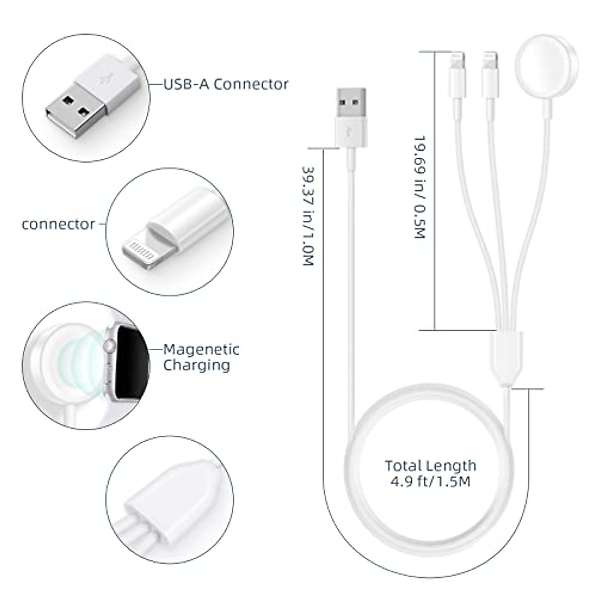 Watch Charger Cable Compatible for Apple Watch Series 8 7 6 5 4 3 2 1 SE1 SE2, Watch Charging Cord, 3 in 1 Portable Phone and Watch Charger for 14/13/12/11/Pro/Max/XS/X/Airpods/Pad Series, 4.9ft/1.5M