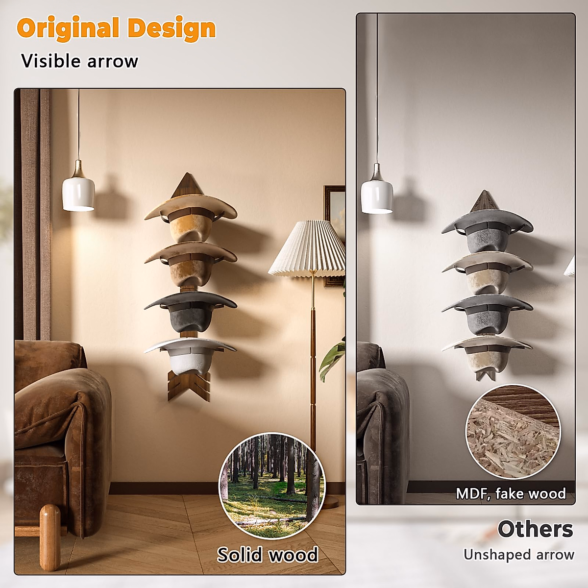 HYDERMUS Cowboy Hat Holder Rustic Wood Arrow Design Hat Organizer 4 Pieces Cowboy Hat Rack Western Decor Hat Storage Hat Hanger for Storage and Organization Walnut