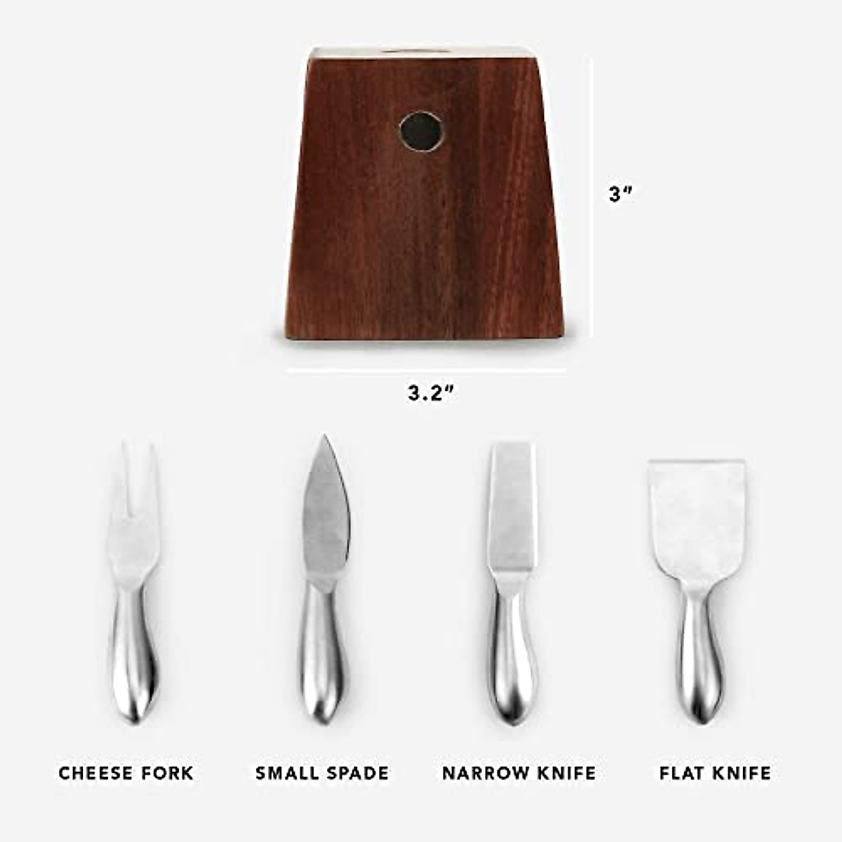 Slice of Goodness Original Cheese Knife Set - 4 Small Stainless Steel Charcuterie Board Utensils with Magnetic Acacia Wood Holder - Modern Cheese Knives