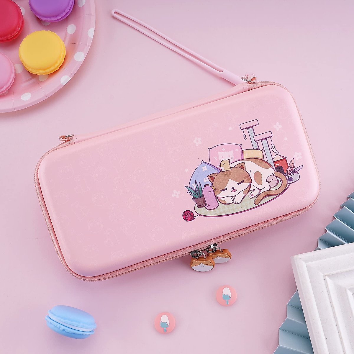 eXtremeRate PlayVital Pink Cute Carrying Case for Nintendo Switch Lite, Thumb Grip Caps + Kitten & Chicken Slim Travel Case for Switch Lite, Portable Hardshell Girl Storage Bag Game Accessories