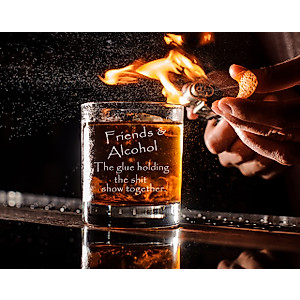 CARVELITA Friends & Alcohol The Glue Holding This Shit Show Together Engraved Whiskey Glass - 11oz Engraved Old Fashioned Rocks Glass - Sarcastic Gifts For Best Friends - Perfect Party Decoration Idea