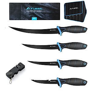 FLISSA Fillet Knife Set, Bait Knife with Knife Sharpener, Protective Sheath, Belt Clip, Portable Pouch & Corrosion Resistant Coating Blade, Professional Fishing Knife for Filleting and Boning(4-Piece)