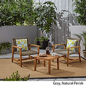 GDFStudioOutdoor 3 Piece Wood and Wicker Club Chairs and Side Table Set, Gray